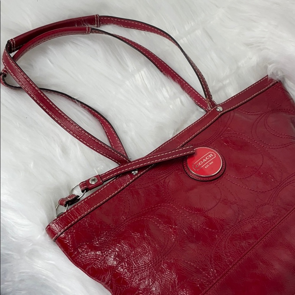 Coach Signature Red Patent Leather Tote Bag Purse - Gem